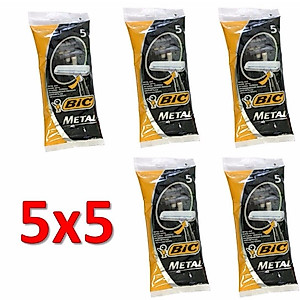 Bic Metal Quality Disposable Men's Shaving Razors, Best Single Blade, 5x5-count