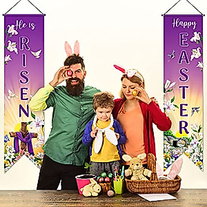 Happy Easter Banner He Is Risen Porch Sign Easter Decoration Hanging Banner Jesus Cross Religious Background Easter Eggs Photo Prop Holiday Door Backdrop for Home Outdoor Indoor Easter Party Supplies