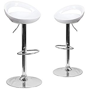 Flash Furniture Wilson 2 Pack Contemporary White Plastic Adjustable Height Barstool with Rounded Cutout Back and Chrome Base