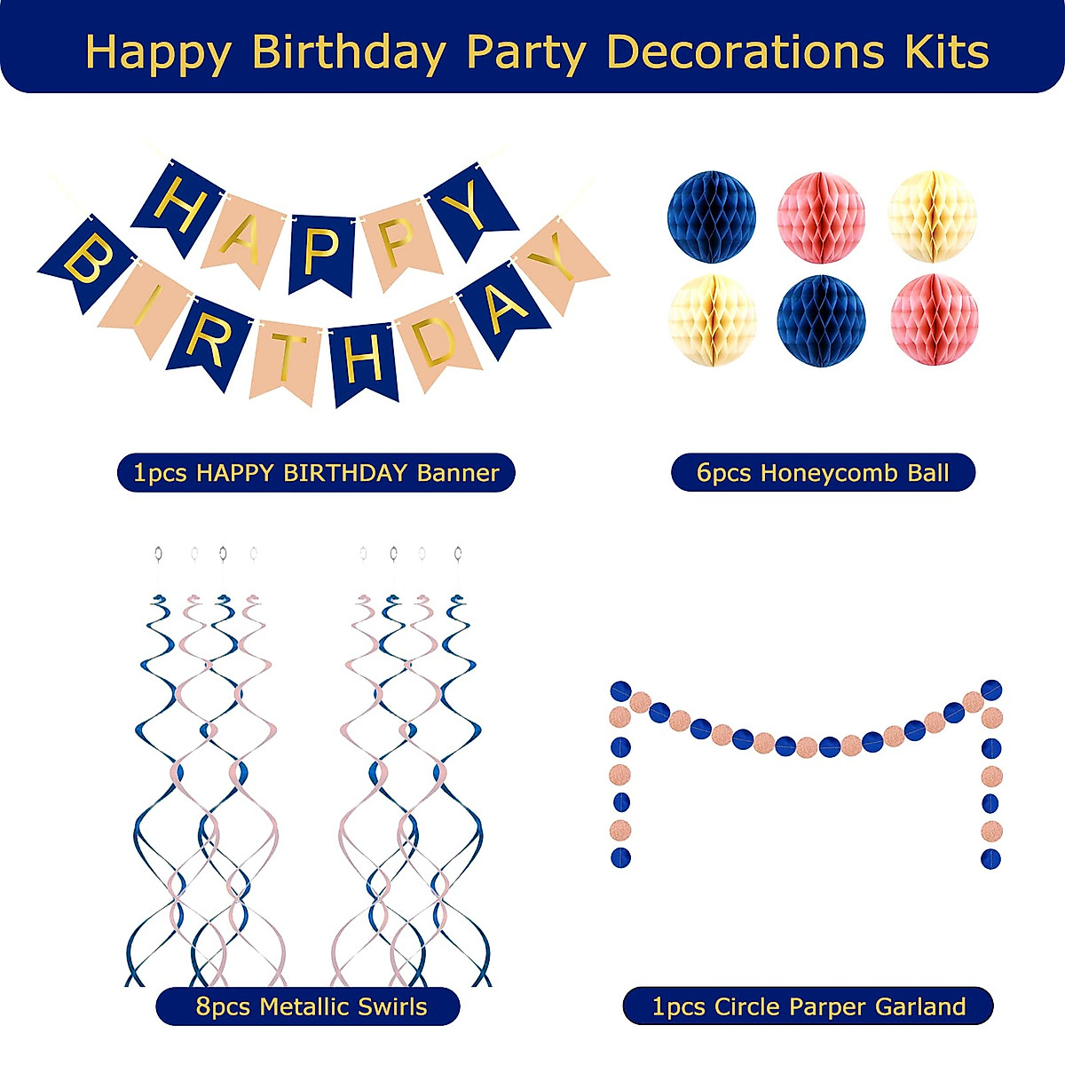 Navy Rose Gold Birthday Decorations with Happy Birthday Banner, Honeycomb Balls, Metallic Hanging Swirls and Circle Parper Garland, Birthday Decorations for Women