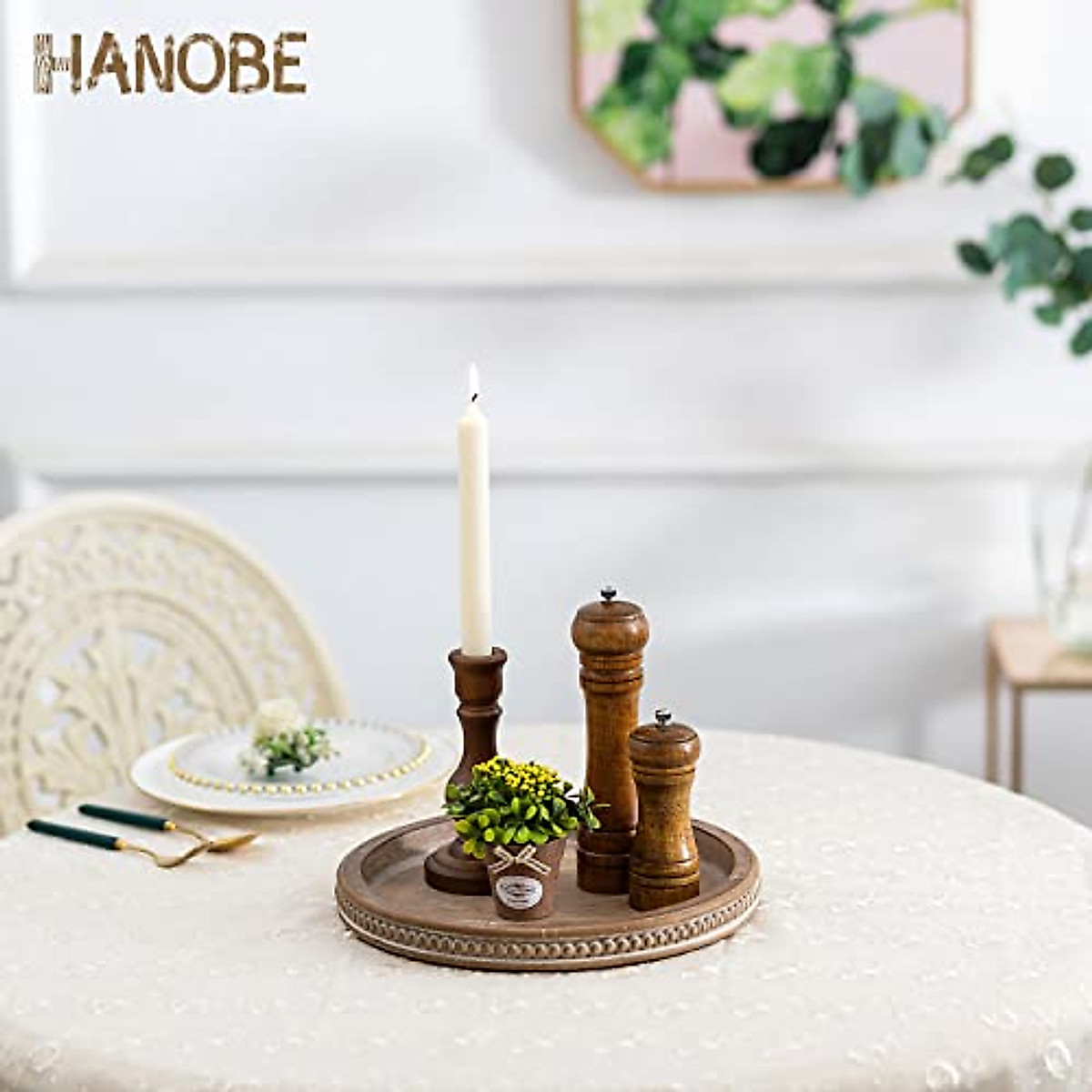 Hanobe Wood Decorative Tray Round: Brown Bead Tray for Coffee Table Rustic Wooden Trays Decor Farmhouse Kitchen Counter Circle Tray Vintage Centerpiece for Living Room Candle Holder Home Organizer