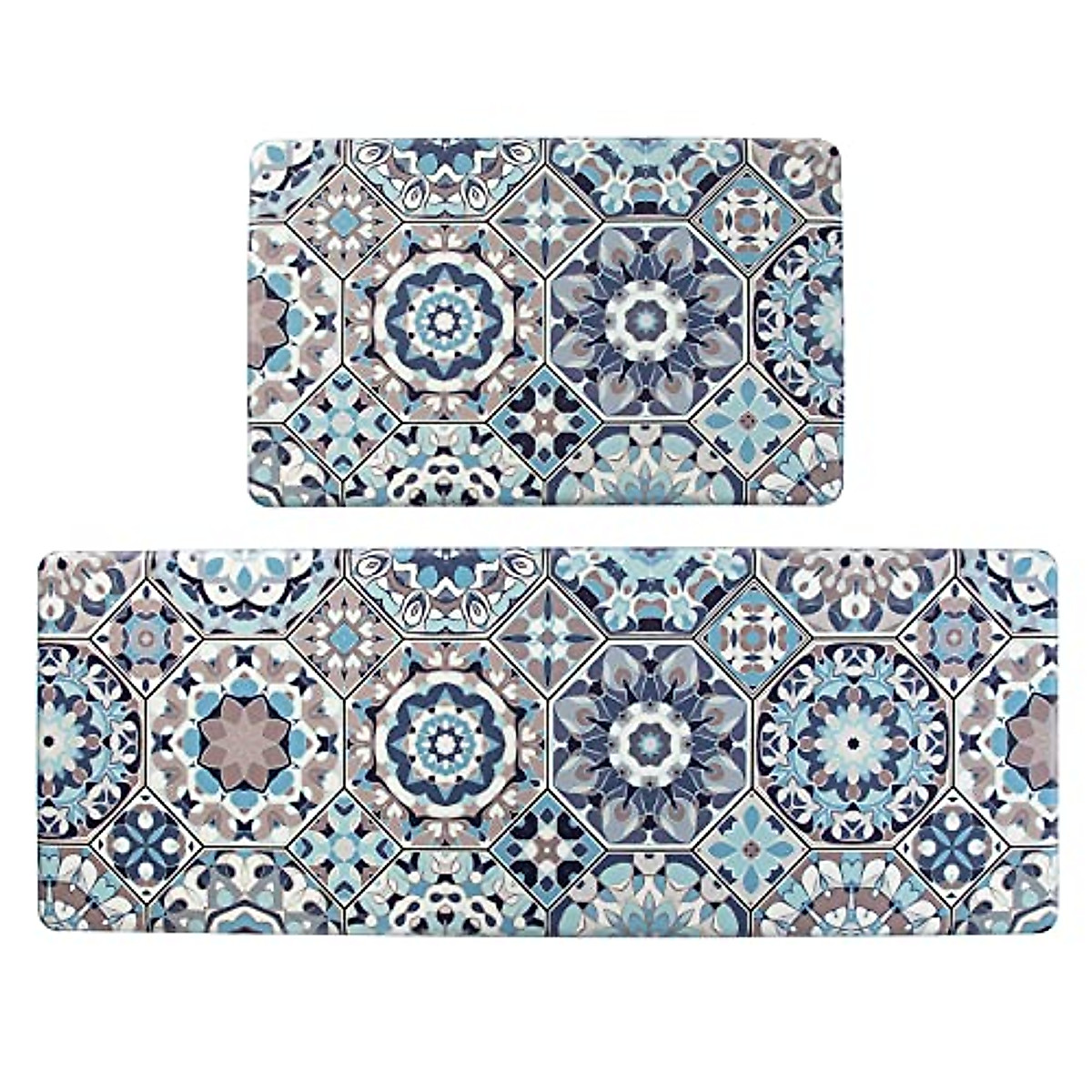 Jabogrii Anti Fatigue Kitchen Mat Set of 2 Blue Cushioned Kitchen Rugs Comfort Floor Mat PVC Waterproof Non Slip Kitchen Carpet Rug Runner for Sink Laundry 17"x48"+17"x28"