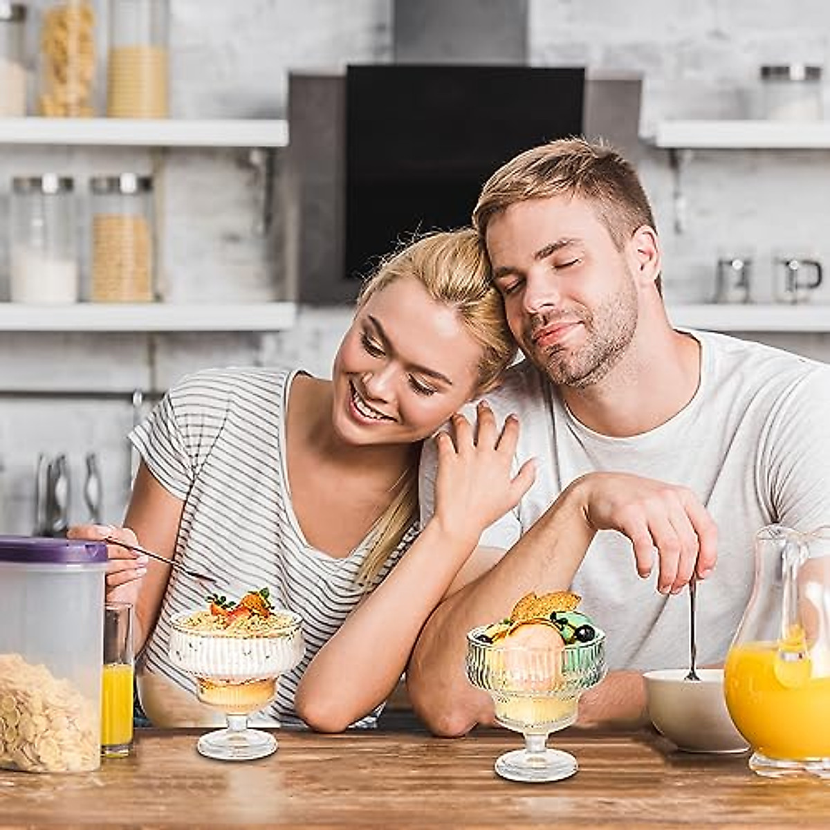 INSETLAN Ice Cream Sundae Glass Bowl Set of 4, Clear Stripes Footed Dessert Bowls 10oz, Glass Dessert Cups Perfect for Sundae, Ice Cream, Fruit, Salad, Cocktail, Trifle