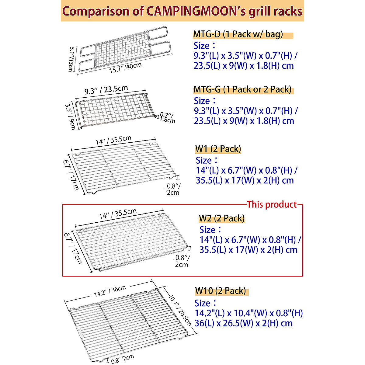 CAMPINGMOON Grill Racks Cooling Racks for Grilling Baking Cooking 304 Stainless Steel 2pcs set W2 14"(L) x 6 ¾"(W) Grid Wire Oven safe Dishwasher-safe