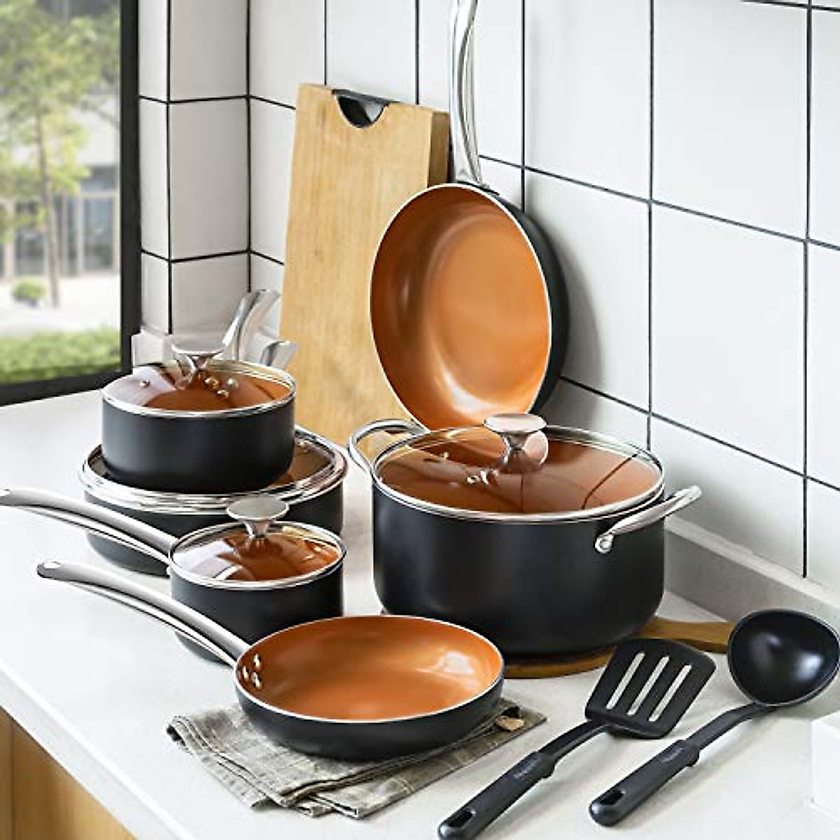MICHELANGELO Pots and Pans Set 12 Pieces, Nonstick Copper Cookware Set with Ceramic Interior, Essential Copper Pots and Pans Set Nonstick, Ceramic Cookware Set 12 Piece with Spatula & Spoon