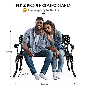 VINGLI 42.5" Patio Garden Bench Outdoor Metal Rose Loveseat,Cast Iron Cast Aluminium Frame Antique Finish Park Chair,Accented Lawn Front Porch Path Yard Bronze Decor Deck Furniture for 2 Person Seat