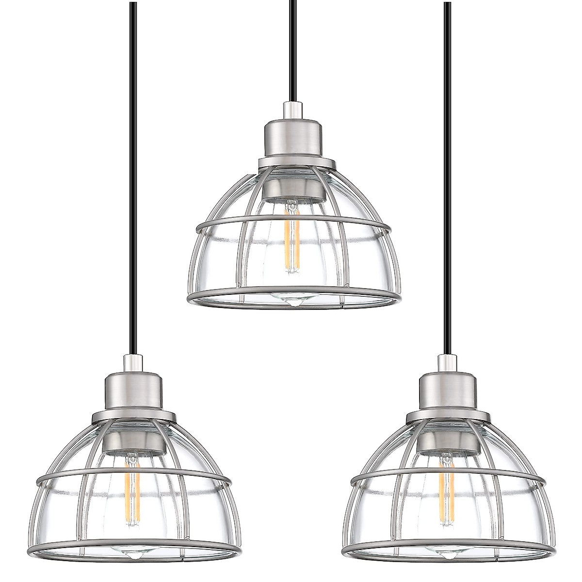 Industrial Hanging Drum Indoor Pendant Ceiling Light Kitchen Island Fixtures Brushed Nickel Finish,Metal Shade for Bar Dining Room Corridor Living Room (3 Pack, Clear Glass Pendant Light)