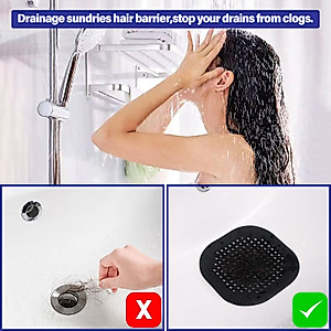 Drain Hair Catcher,Square Drain Cover for Shower Silicone Hair Stopper with Suction Cups Easy to Install and Clean Suit for Bathroom,Bathtub,Kitchen 2 Pack(Black)