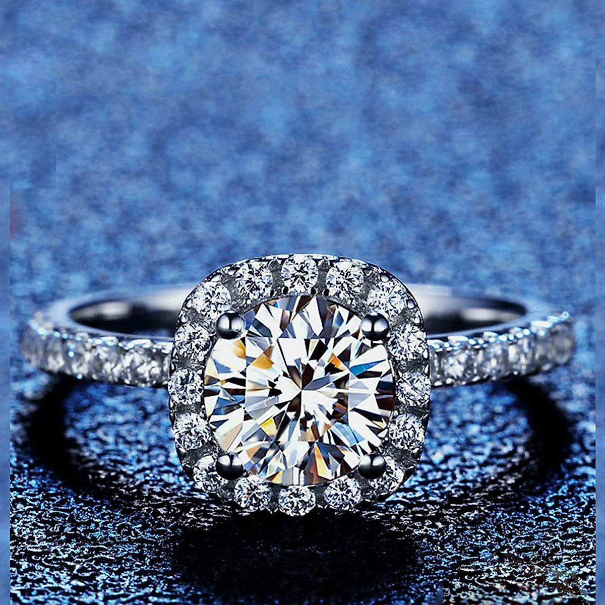 FANCIME White Gold Plated Sterling Silver Halo Setting D-E Color Moissanite Simulated Diamond Engagement Ring For Women, 1/2 Carat SIZE 7