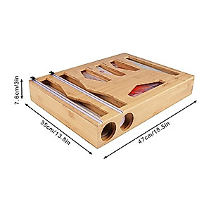 Space.M8 Bamboo Ziplock Bag Storage Organizer, Foil and Plastic Wrap Dispenser with Cutter, for Gallon Quart Sandwich Snack Pint Variety Size Bag & 12” Roll, Suitable for Quart Slider Bag