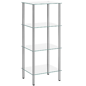 HOOBRO Glass Shelf, 4 Tier Standing Shelf Unit, Durable Glass Shelving Stand for Small Space, Space-Saving, for Bathroom, Bedroom, Home Office, Tempered Glass, Steel Frame, Silver SV04CJ01
