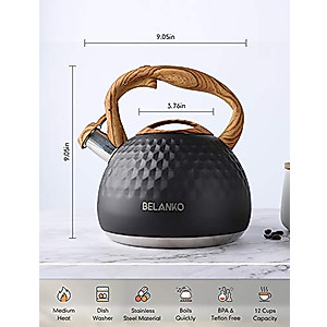Tea Kettle, 2.7 Quart / 3 Liter BELANKO Stainless Steel Tea Kettles for Stove Top, Food Grade Teapot with Wood Pattern Handle Loud Whistling for Coffee, Milk etc, Gas Electric Applicable - Black