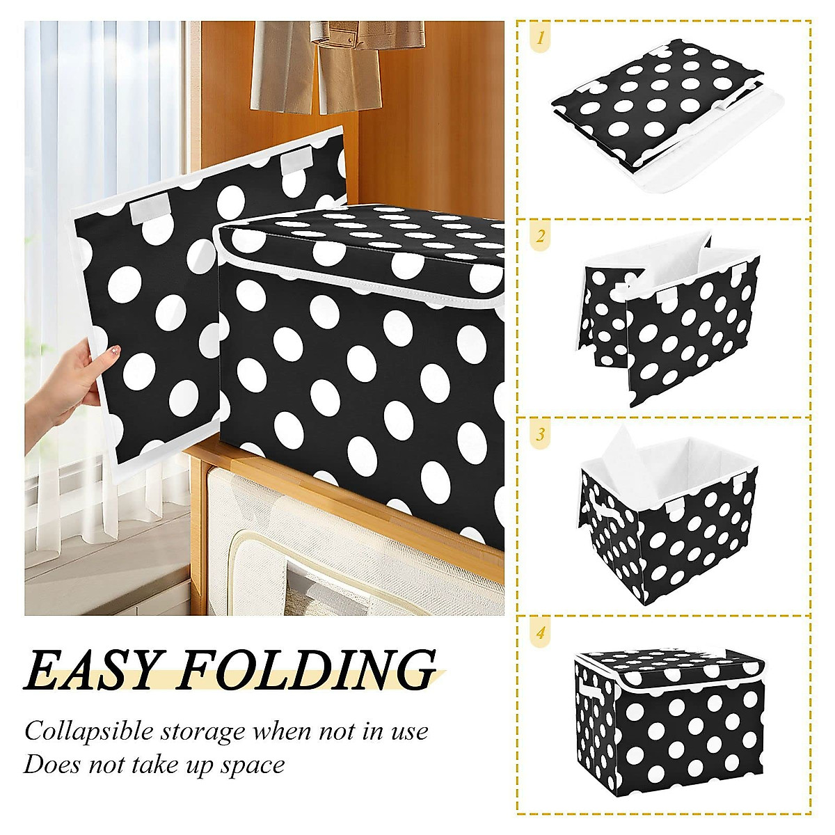 xigua Polka Dot Storage Basket Collapsible Rectangle Storage Bin Shelves Basket Organizer with Lid and Handle for Closet, Office, Nursery, Home Decor