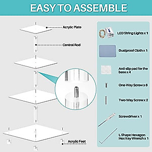 Antimbee 4 Tier Clear Acrylic Cupcake Stand with Gold LED String Lights, Square Tower Cupcake Display Holder