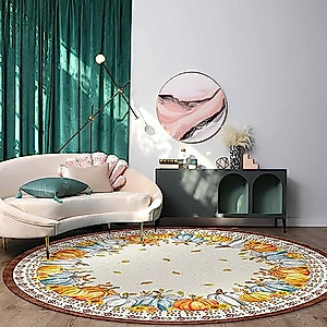 LIFEMUSION Fall Thanksgiving Round Area Rugs, Western Southwest Maple Leaf Pumpkin Non-Skid Children Playing Mat, 3ft Soft Circle Farmhouse Rugs for Living Room, Bedroom, Dining Room