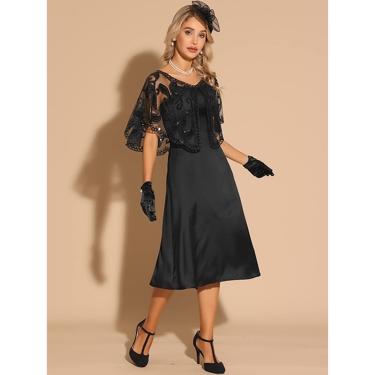 Allegra K Women's 1920s Shawl Wraps Sequin Beaded Bridal Cover Up Evening Cape Flapper Bolero Medium Black