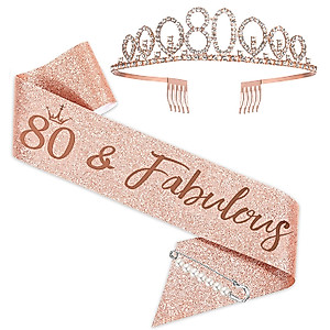 80th Birthday Sash and Tiara for Women, Rose Gold Birthday Sash Crown 80 & Fabulous Sash and Tiara for Women, 80th Birthday Gifts for Happy 80th Birthday Party Favor Supplies