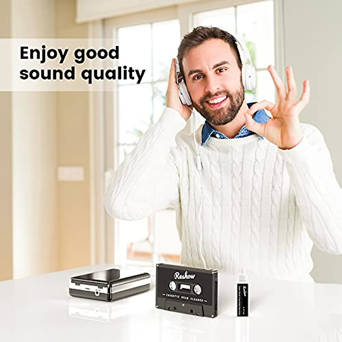 Reshow Audio Tape Cassette Head Cleaner w/ 2 Cleaning Fluids Care Wet Maintenance Kit for Cassette Tape Player/Boombox/Deck/Recorder