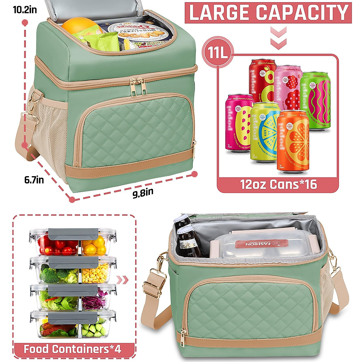 YESBAG Lunch Bag for Women, Leakproof Insulated Soft Adult Lunch Tote Cooler Bag Box With Adjustable Shoulder Strap for Office & Picnic (Green, 11L)