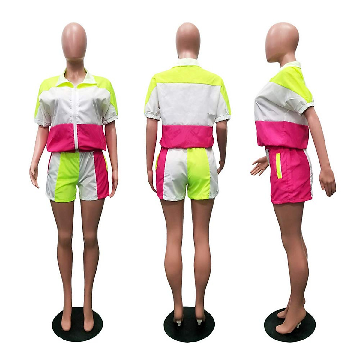 Ophestin Womens Casual 2 Piece Outfits Patchwork Half Sleeve Jacket Shorts Sets Pink + Green Size M