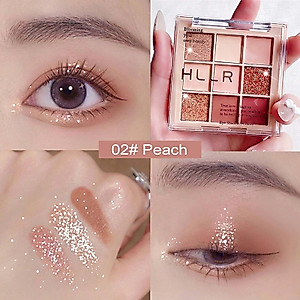 Peach Rose Gold Champagne Orange Eyeshadow Palette Women Christmas Gift, 9 Color Glitter Matte Shimmer Blendable Eye Shadow Palettes, Waterproof Highly-Pigmented Long-Lasting Korean Makeup(02# Peach)
