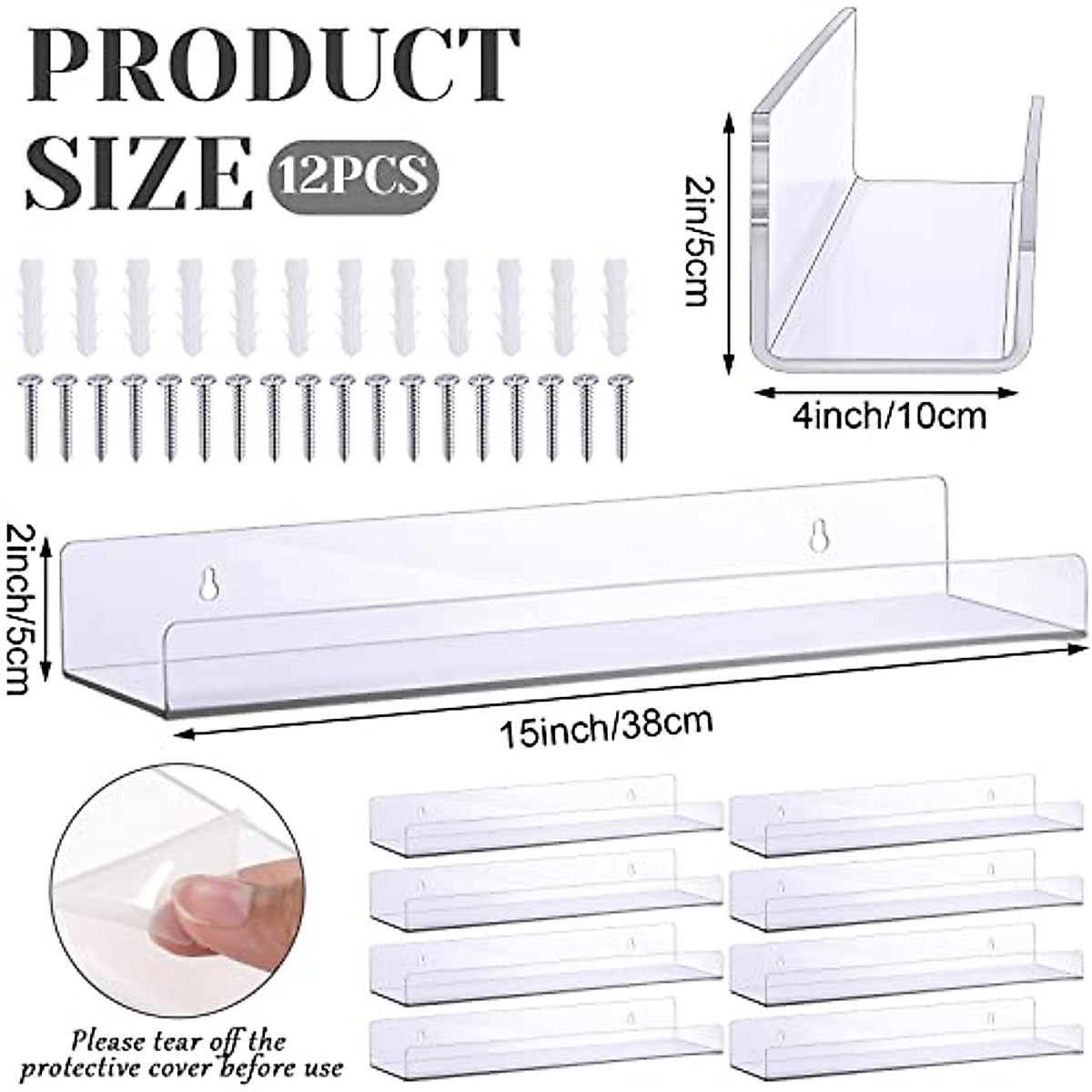 Hoteam 12 Pack Acrylic Floating Shelves 4 Inch Wide Invisible Kids Bookshelf Clear Acrylic Ledge Wall Mounted Storage Shelf Transparent Spice Rack Display Organizer for Books Photos 15 x 4 x 2''