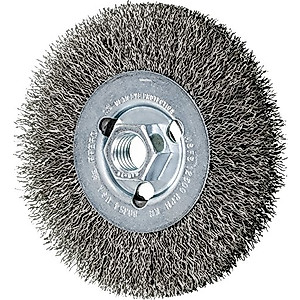 PFERD 80354 Crimped Wheel Brush, Stainless Steel Wire, 4-1/2" Diameter, 5/8-11 Thread, 0.014 Wire Size, 15/16" Trim Length, 1/2" Face Width, 12500 RPM