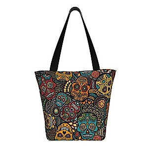 antcreptson Mexican Sugar Skulls Canvas Tote Bag Large Women Casual Shoulder Bag Handbag, Watercolor Sunflower Reusable Multipurpose Heavy Duty Shopping Grocery Cotton Bag for Outdoors.
