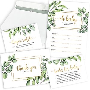 Hat Acrobat 25 Baby Shower Invitations with Envelopes and Thank You Cards Mega Bundle - Greenery Baby Shower Invitations Gender Neutral Set with Diaper Raffle Tickets, Book Request Cards