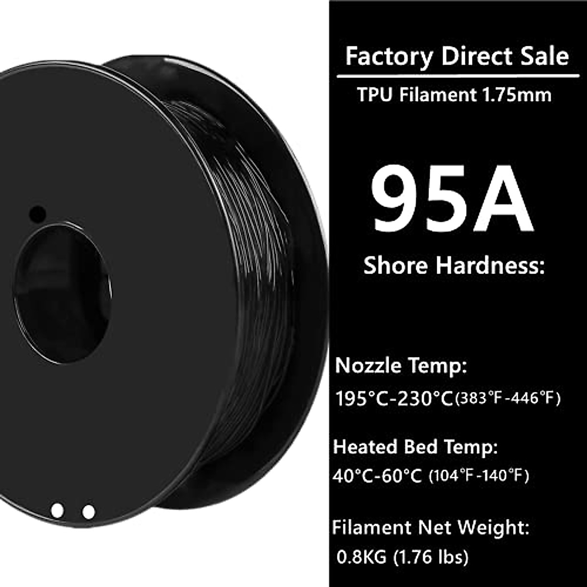 BigcaseTech 0.8KG Spool TPU Filament，95A TPU 3D Printer Filament,1.75mm, Flexible Soft Filament, Dimensional Accuracy +/- 0.03 mm for Comgrow Creality ELEGOO ANYCUBIC etc. 3D Printer(Black TPU)