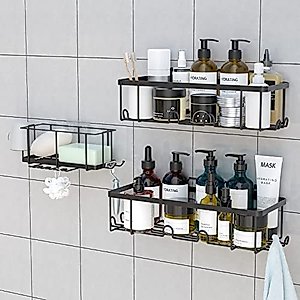 iMooxy Shower Caddy, 3 Pack Self Adhesive Black Bathroom Shelves with Hooks & Cup Holder for Bathroom Kitchen, Wall Mounted Rustproof Shower Storage Organizer