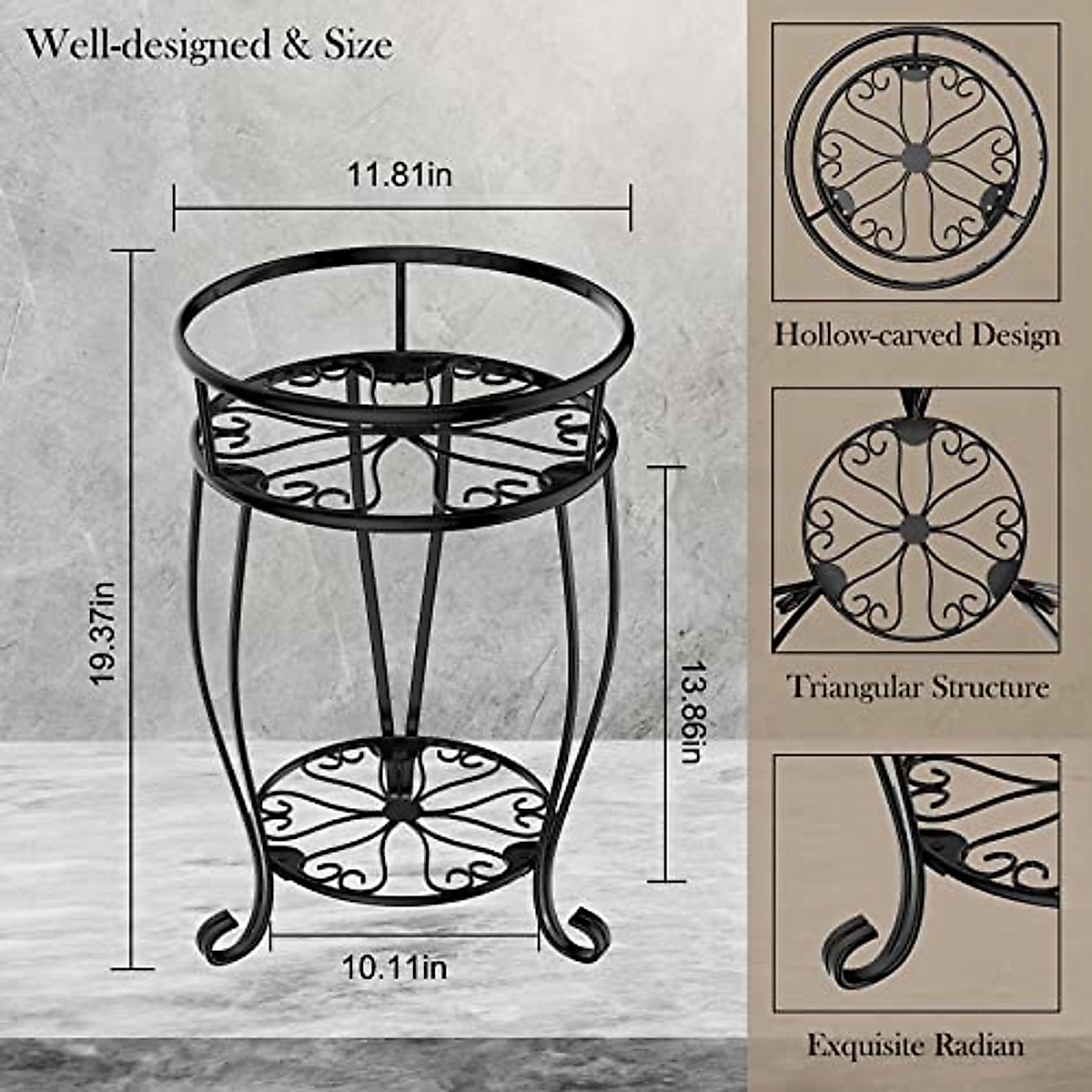 Veakoo Metal Plant Stand Indoor Outdoor,2 Tier Tall Flower Pot Shelf Planter Holder Pedestal Round Sheves Rustproof Wrought Iron Heavy Duty Rack for Corner Garden, Black, 19.37 inch