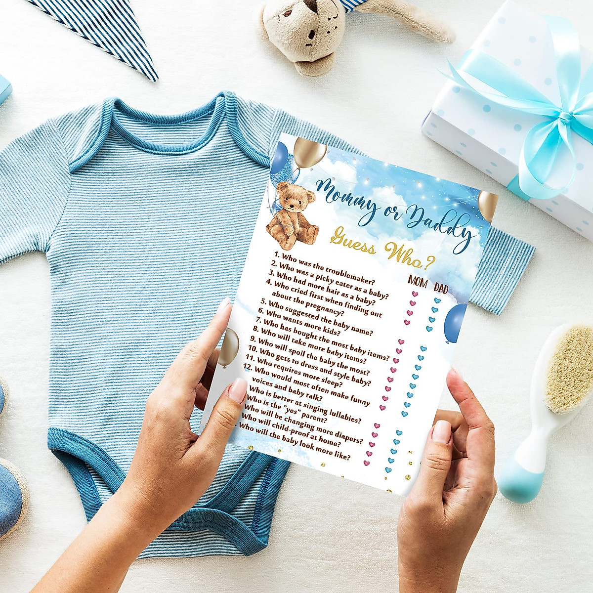 125 Pcs Bear Baby Shower Games for Boy Girl 5 Game Activities Bear Cards with 20 Pencils Includes Baby Bingo Guess Who Baby Price is Right Description Word Scramble Game(Blue)