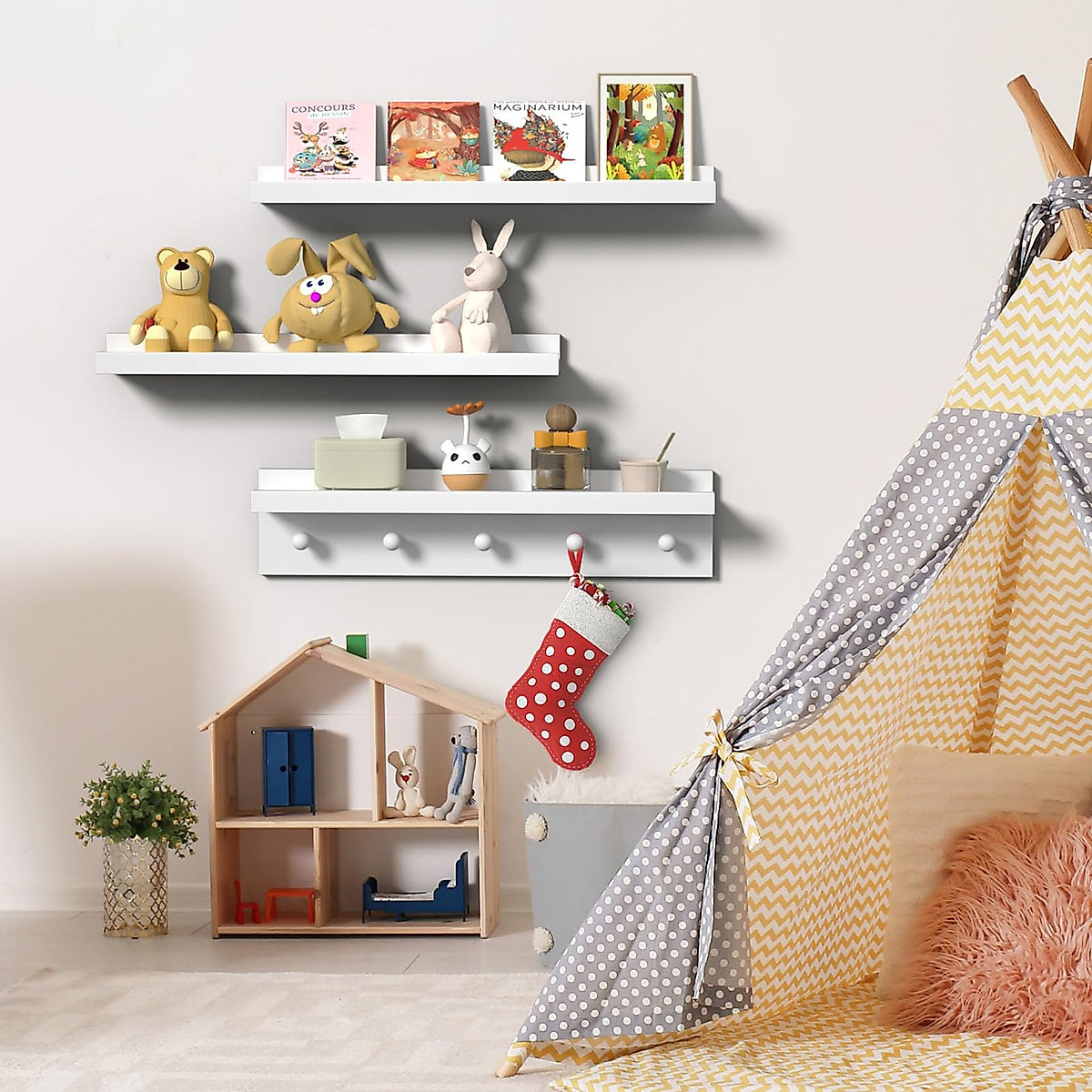 MBYD Picture Shelf Ledge, 24 Inch Floating Shelves for Wall, Nursery Book Shelves with Hooks Set of 3, Floating Shelf Wall Mounted for Bathroom,Kids Room, Living Room, Kitchen White