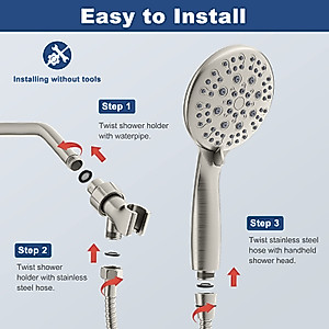 LINPUNG High Pressure Handheld Shower Head with 6 Spray Options, Brushed Stainless Steel, Adjustable Bracket for Bathroom