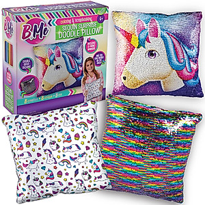 B Me Sequin Unicorn Pillow for Girls - Reversible Double Sided Rainbow Doodle Sequined Pillows - Bedroom Decor Art - Creative Magic Glitter Pillow with 8 Markers
