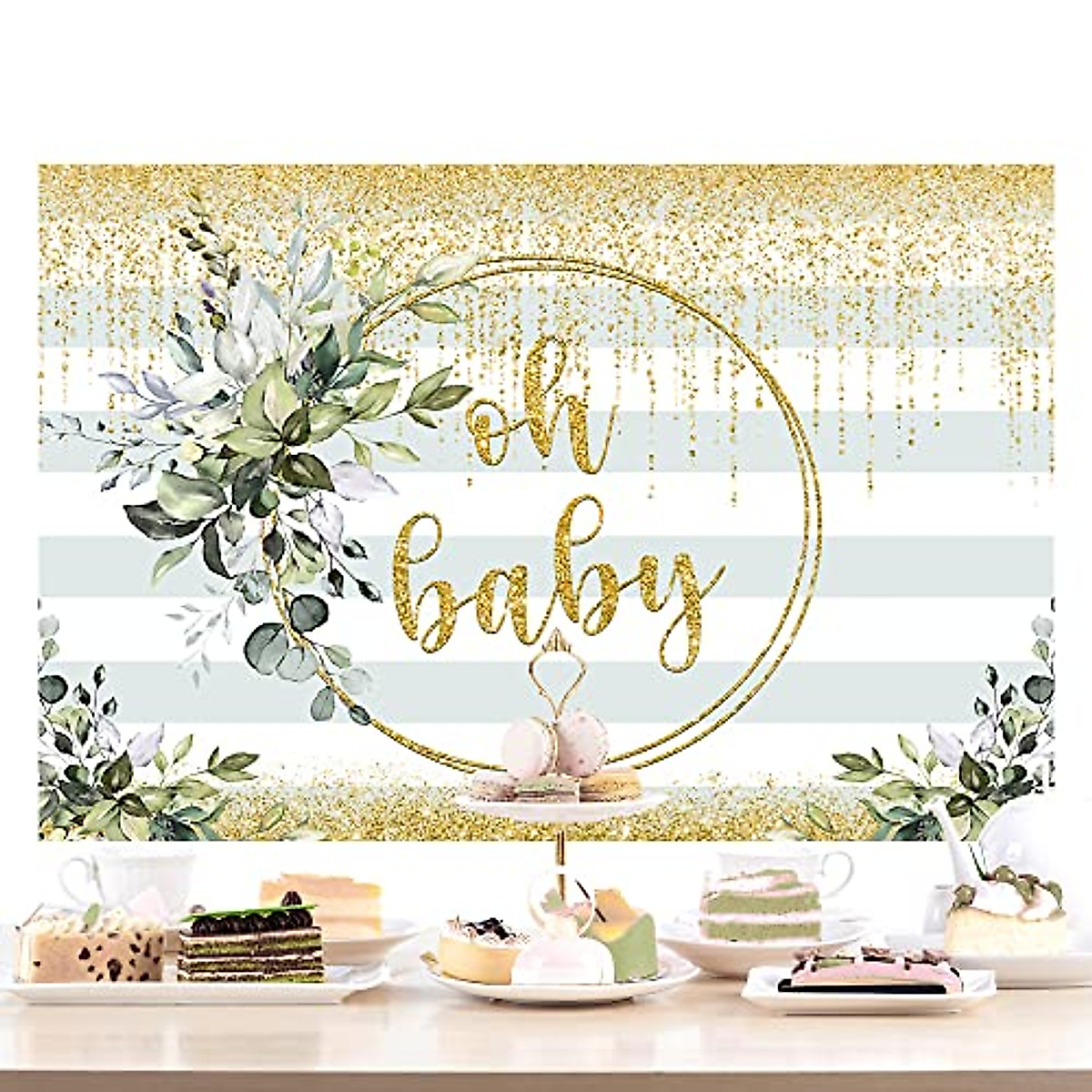 Lofaris Oh Baby Backdrop Baby Shower Green Leaves Gold Ring Golden Glitter Stripes Photography Background for Boy Girl Baby Shower Gender Neutral Newborn Party Decoration Banner Photo Booth Prop 9x6ft