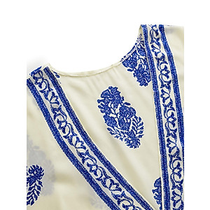 SweatyRocks Women Kimono Vintage Floral Beach Cover Up Blue White X-Large