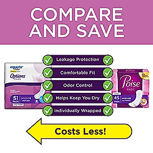 Equate Options Incontinence Pads for Women, Ultimate Absorbency, Long Length, 51 Ct (Pack of 3 | Total of 153 Ct)