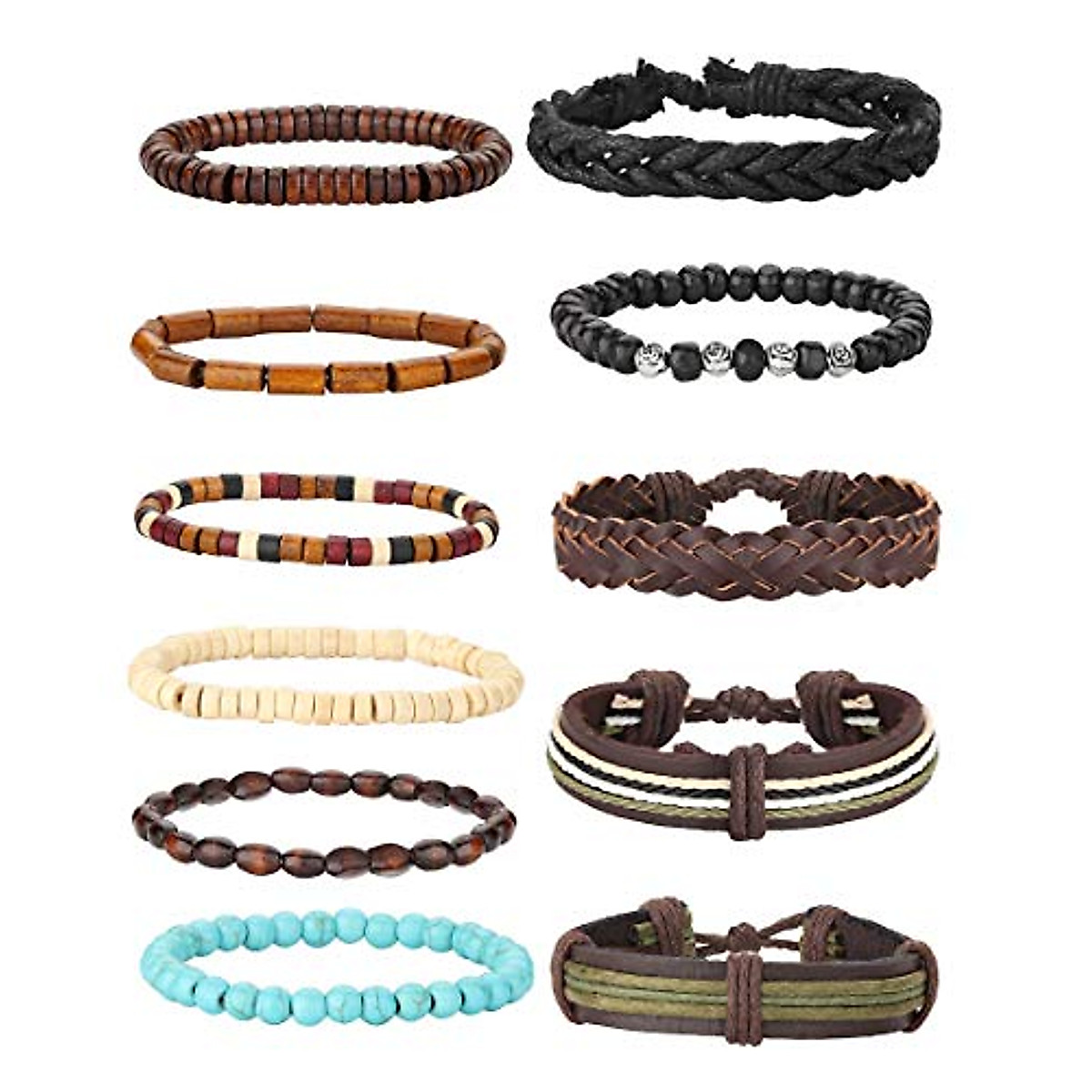 MILACOLATO 26Pcs Woven Braided Leather Bracelet for Men Women Hemp Cords Wood Beads Cuff Bracelets Adjustable Black
