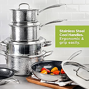 Granitestone Hammered Stainless Steel Pots and Pans Set, Tri Ply Ultra-Premium Ceramic Cookware Set with Nonstick Coating, Kitchen Set Nonstick Frying Pans, Stock Pots & Skillets, Hammered Finish