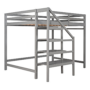 TARTOP Full Size Loft Bed with Built-in Storage Staircase and Hanger for Clothes, Solid Pine Wood Loftbed for Adults Kids Teens Bedroom,Dorm,No Spring Box Needed,Easy Assembly,Gray
