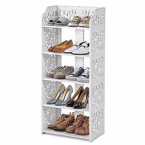 White Shoe Rack, 5 Tier Modern Wooden Shoe Storage Shelf Wood Narrow Shoe Stand Organizer for Home Living Room Bedroom Hallway Entryway Closet