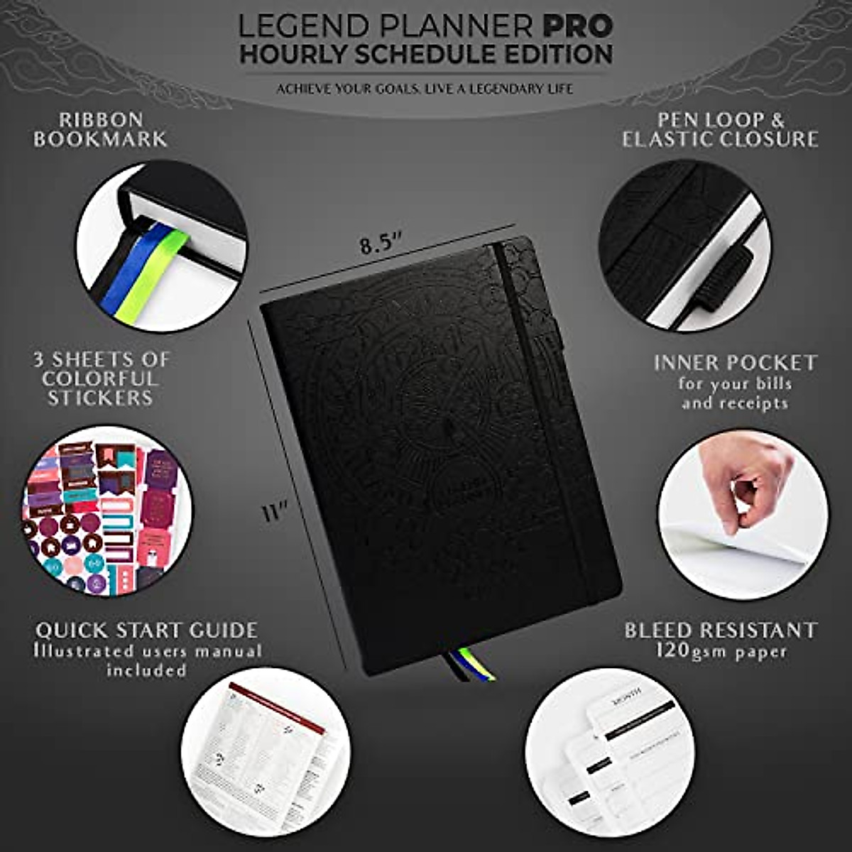Legend Planner PRO Hourly Schedule Edition - Undated Deluxe Weekly & Daily Organizer with Time Slots. Time Management Appointment Book Journal for Work & Personal Life, A4 Size Hardcover - Black