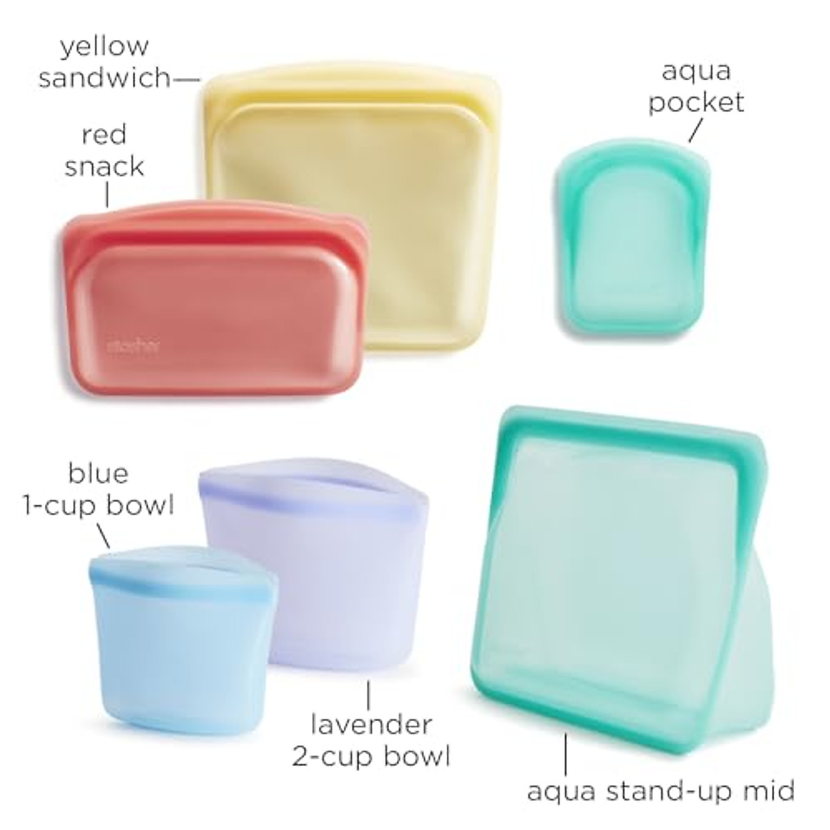 Stasher Premium Silicone Reusable Food Storage Bags, 6-Pack, Rainbow | Multi-Use Food Storage Bags, Lunch Bag, Travel Containers | BPA Free, Leak-free, Dishwasher-Safe, Eco-friendly