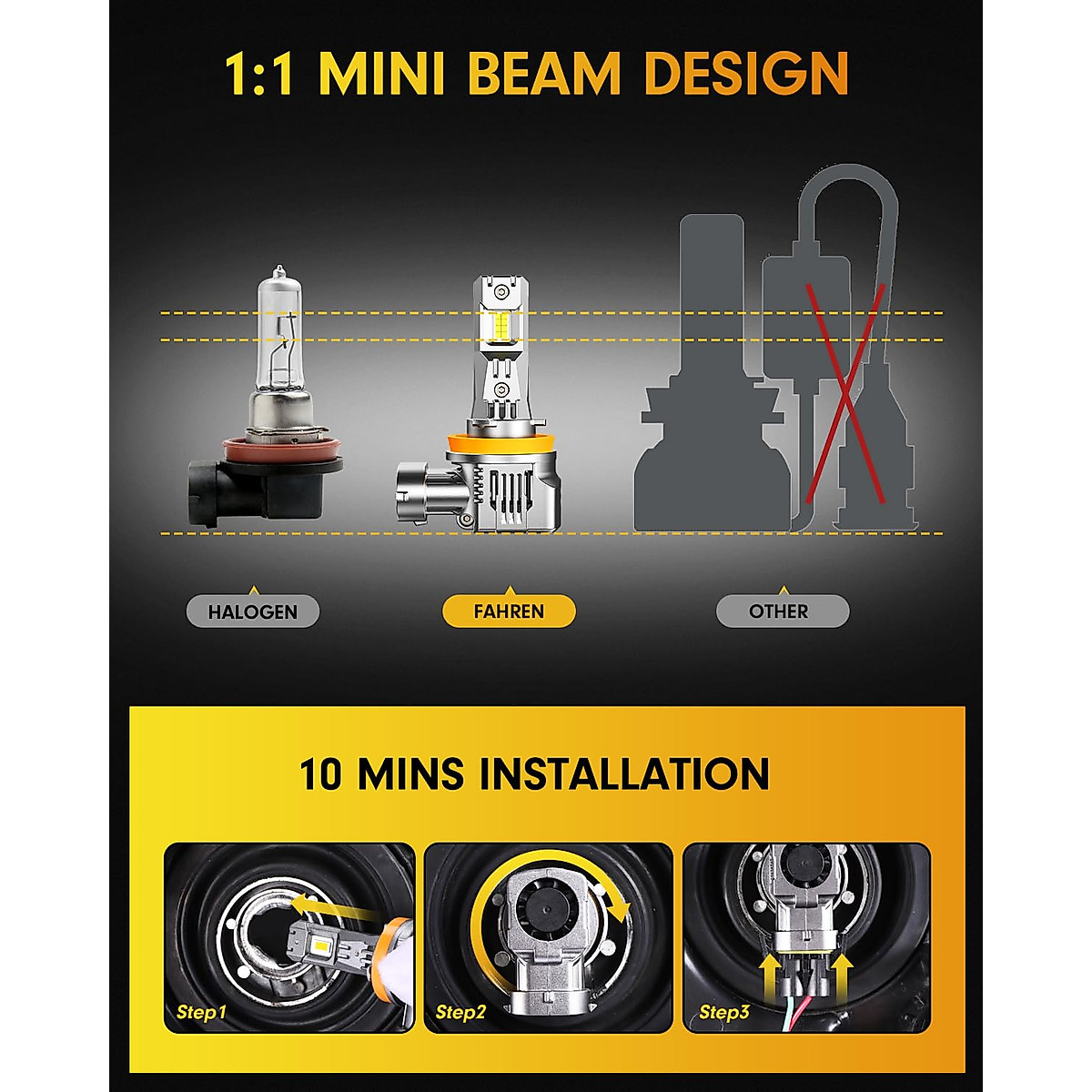 FAHREN H11 LED bulbs,28000LM 800% Brightness H8 H9 LED Bulbs,6500K Cool White LED Light bulbs,1:1 Mini Size Plug and Play, IP68 Waterproof, Quick Installation Pack of 2