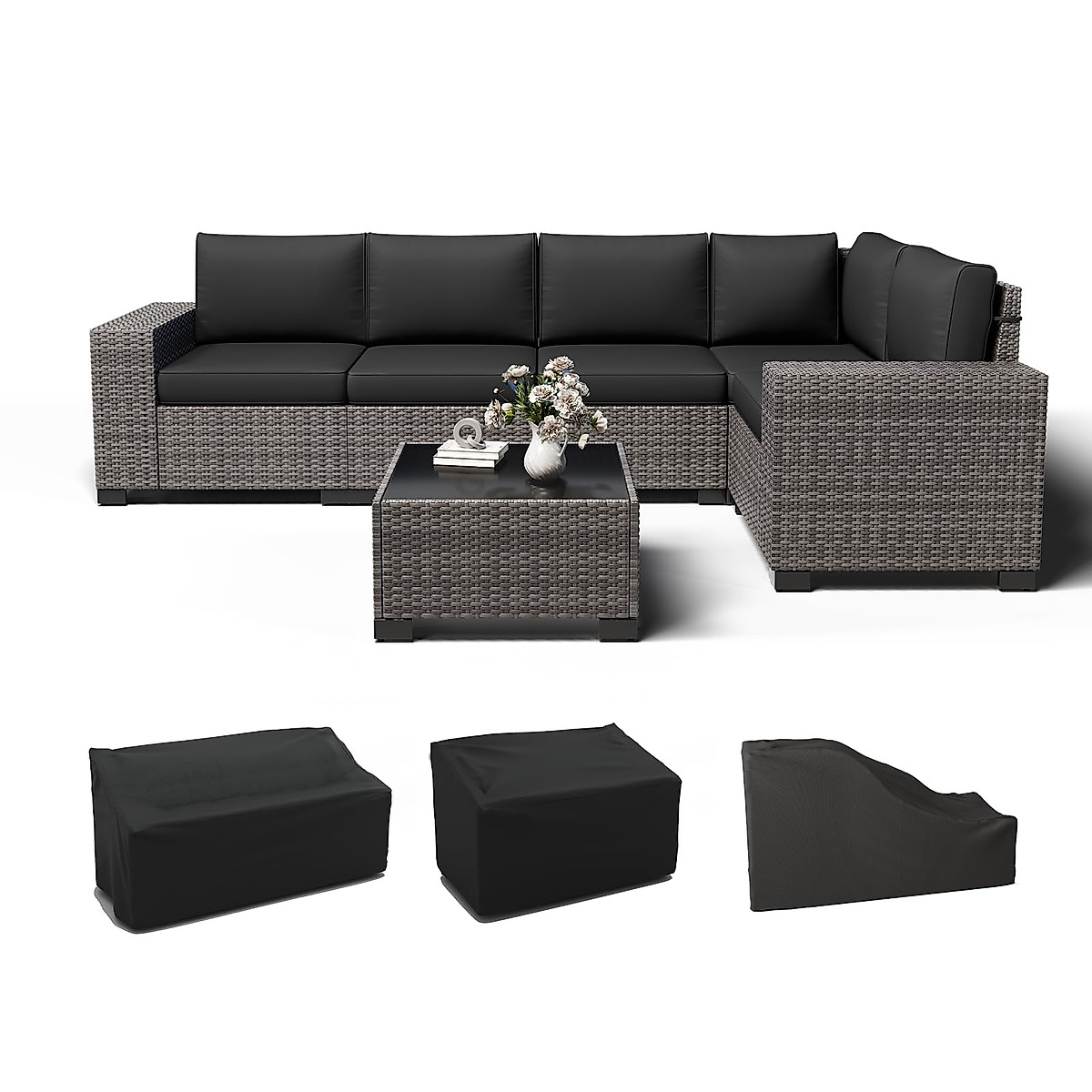 Poteban Outdoor Patio Furniture Set, 8'' Wide armrest Outdoor Sectional Rattan Sofa Set, Wicker Patio Furniture Sets w/Coffee Table,Thick Cushions and Cover for Porch, Balcony,Deck 6 PCS(Grey&Black)