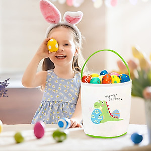 Cerlaza Easter Gift Basket Empty for Kids Canvas Tote, Easter Dinosaur Holding Eggs Hunt Basket with Handle for Toys Carrying, Cute Design Cotton Basket for Easter Party Supplies