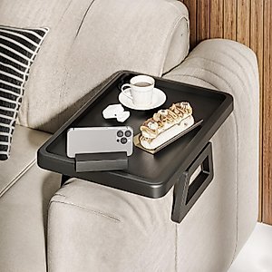 Tinamo Acacia Wood Sofa Armrest Tray - Large Sofa Arm Tray Table Clip - Couch Arm Table for Wide Couches - Wooden Side Tables for Small Spaces for Eating and Drink (Black, Large)