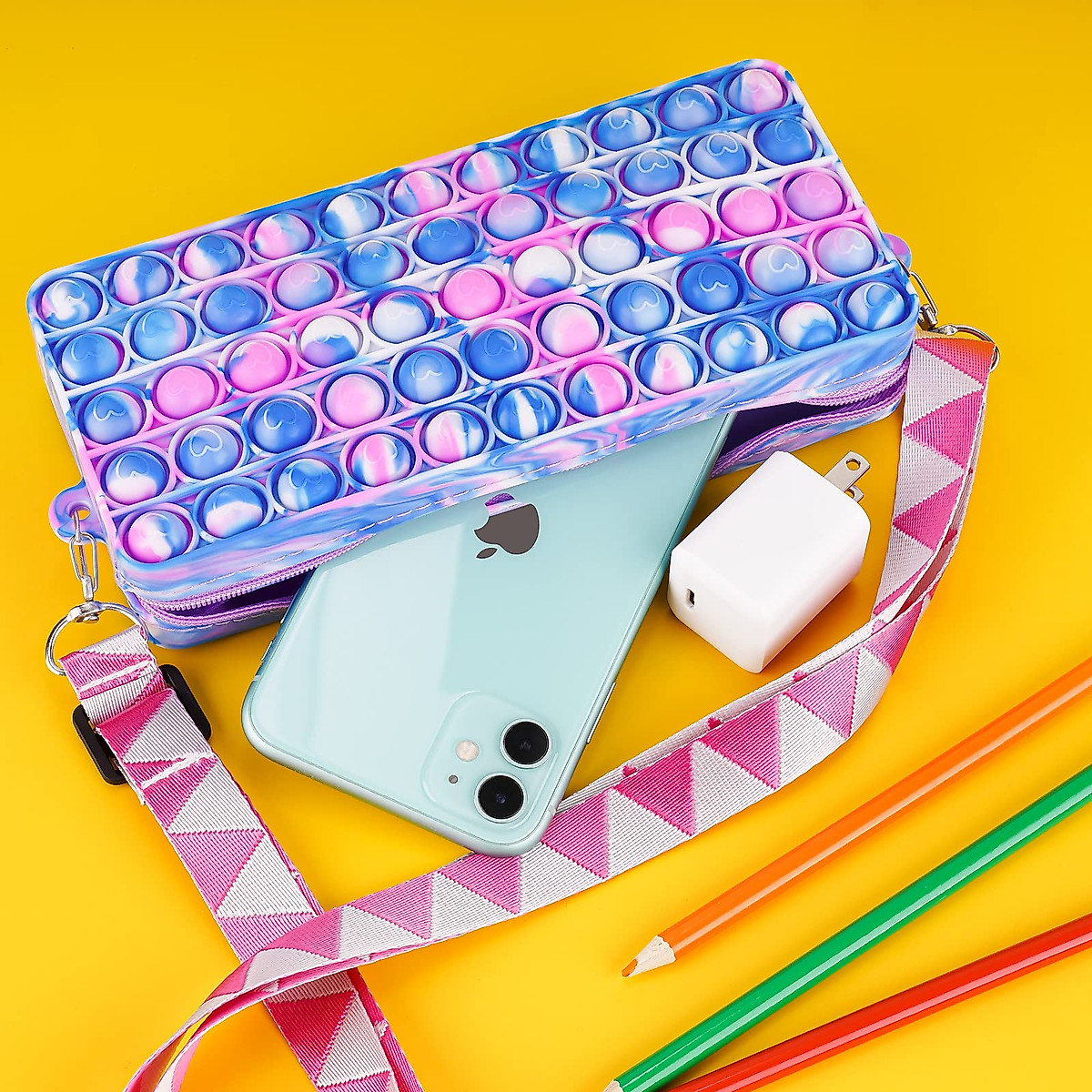 NiToy Push Pop Bubble Purse Fidget Sensory Toy+Dolphin Pop Keychain for Girls, Multicolor Popper Crossbody Shoulder Zipper Handbag Adjustable Belt Cosmetic Travel Case Storage